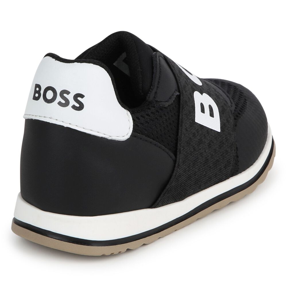 BOSS Boys Black Leather Logo Trainers | Junior Couture UK