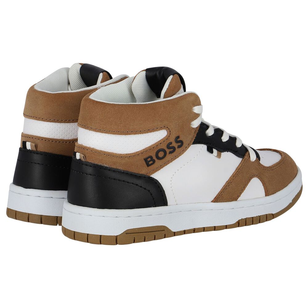 BOSS Boys White & Beige Logo Trainers | Junior Couture UK